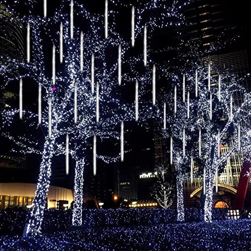 Solar Meteor Shower Christmas Lights Outdoor 10 Tube 360 LED, Falling Rain Lights, Waterproof String Lights for Xmas Tree Garden Yard Porch Wedding Party Décor White