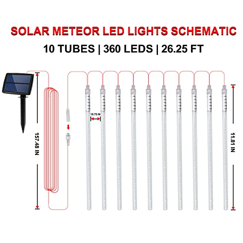 Solar Meteor Shower Christmas Lights Outdoor 10 Tube 360 LED, Falling Rain Lights, Waterproof String Lights for Xmas Tree Garden Yard Porch Wedding Party Décor White