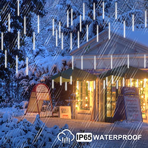 Solar Meteor Shower Christmas Lights Outdoor 10 Tube 360 LED, Falling Rain Lights, Waterproof String Lights for Xmas Tree Garden Yard Porch Wedding Party Décor White