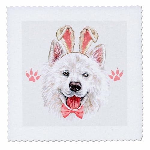 3dRose Happy Samoyed Dog with a Big Smile for Easter in Bunny Ears - Quilt Squares (qs-378969-2)