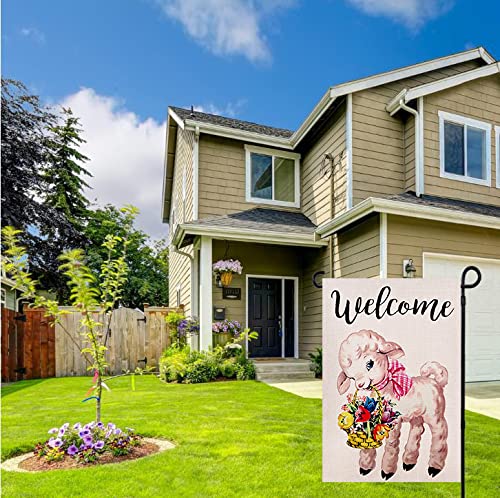 Ogiselestyle Welcome Lamb Garden Flag Vertical Double Sided, Spring Lamb Floral Yard Outdoor Decoration 12.5 x 18 Inch