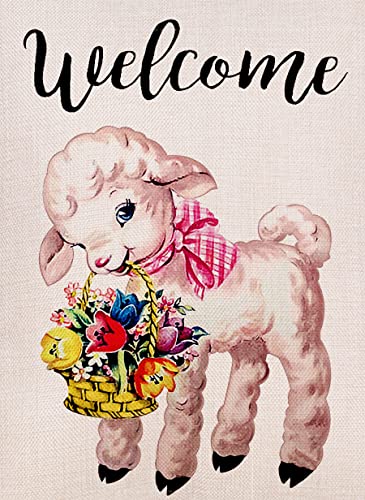 Ogiselestyle Welcome Lamb Garden Flag Vertical Double Sided, Spring Lamb Floral Yard Outdoor Decoration 12.5 x 18 Inch