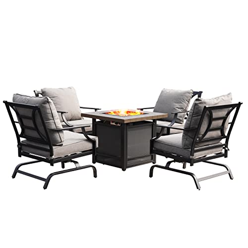 Grand patio 5PCS Patio Furniture Set with 29 in Fire Pit Iron Coated Outdoor Chairs with Gray Cushions Propane Gas Fire Table