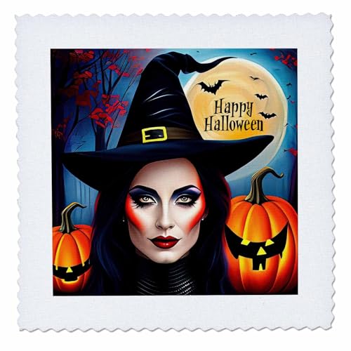 3dRose Stunning Witch Beauty, Jack-o-Lanterns. Happy Halloween... - Quilt Squares (qs-378875-2)
