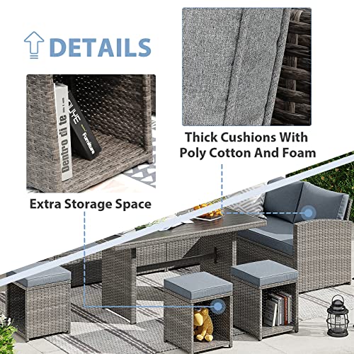 JOIVI Patio Furniture Set, 7 Piece Patio Dining Sofa Set, Outdoor Sectional Sofa Conversation Set All Weather Wicker Rattan Couch Dining Table & Chair with Ottoman, Gray