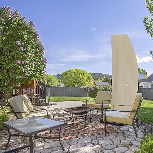 COOSHADE 600D Patio Umbrella Parasol Cover Waterproof Outdoor Anti-UV Protective Cover with Zipper Fits Cantilever Offset Umbrella 7.5-15 Feet, Khaki