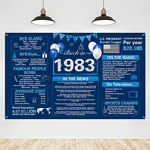 Crenics Blue Silver 40th Birthday Decorations, Vintage Back in 1983 Birthday Backdrop Banner, Large 40 Years Old Birthday Anniversary Poster Photo Background Party Supplies for Women Men, 5.9 x 3.6 Ft