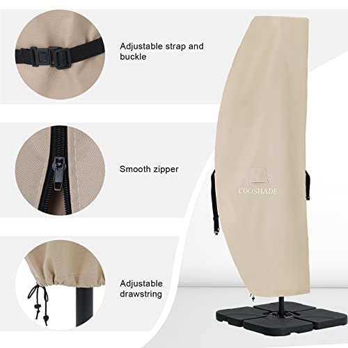 COOSHADE 600D Patio Umbrella Parasol Cover Waterproof Outdoor Anti-UV Protective Cover with Zipper Fits Cantilever Offset Umbrella 7.5-15 Feet, Khaki