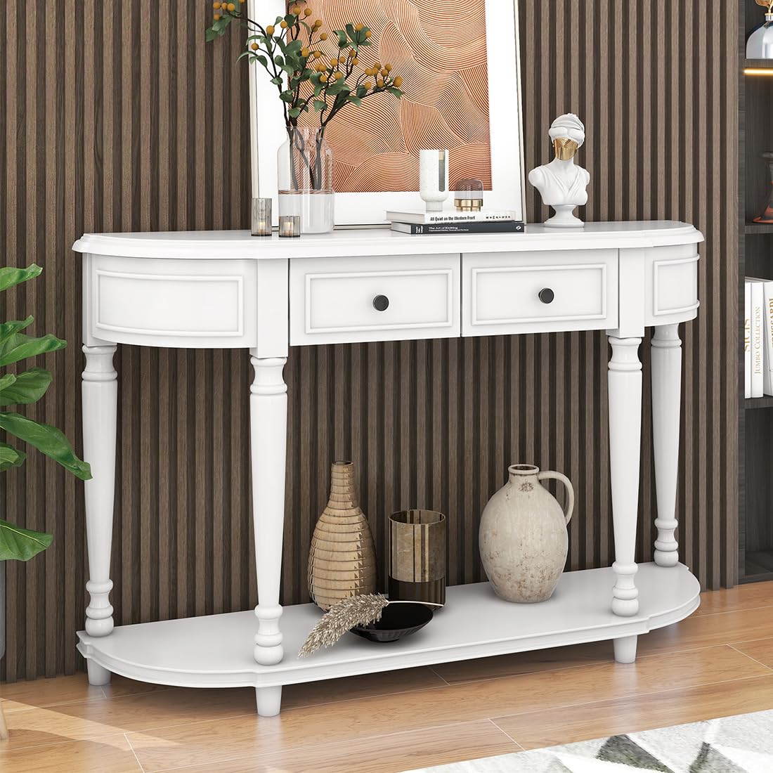 Retro Circular Curved Design Console Table with Open Style Shelf Solid Wooden Frame and Legs Two Top Drawers Ample Storage, Shape Console Table for Hallway Living, Dining Room (Antique White)
