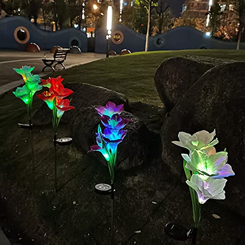 Solar Garden Flower Stake Light for Patio Lawn Pathway Outdoor, Lily Stake Lights, Spring Summer Outside Fairies Garden Accessories Decoration, Waterproof (Red)