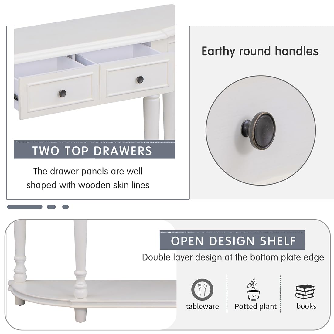 Retro Circular Curved Design Console Table with Open Style Shelf Solid Wooden Frame and Legs Two Top Drawers Ample Storage, Shape Console Table for Hallway Living, Dining Room (Antique White)