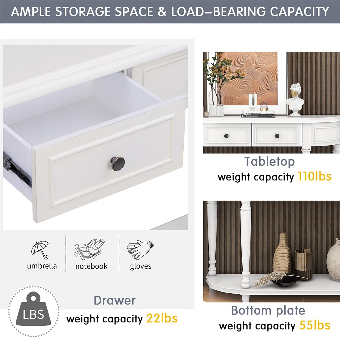 Retro Circular Curved Design Console Table with Open Style Shelf Solid Wooden Frame and Legs Two Top Drawers Ample Storage, Shape Console Table for Hallway Living, Dining Room (Antique White)