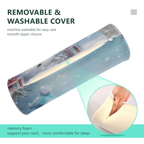 xigua Christmas Snowman Neck Roll Pillow for Neck Relief with Removable Washable Cover - Memory Foam Round Cylinder Bolster, Ergonomically Designed for Head, Neck, Back, and Legs