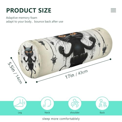 xigua Funny Cat Neck Roll Pillow for Neck Relief with Removable Washable Cover - Memory Foam Round Cylinder Bolster, Ergonomically Designed for Head, Neck, Back, and Legs