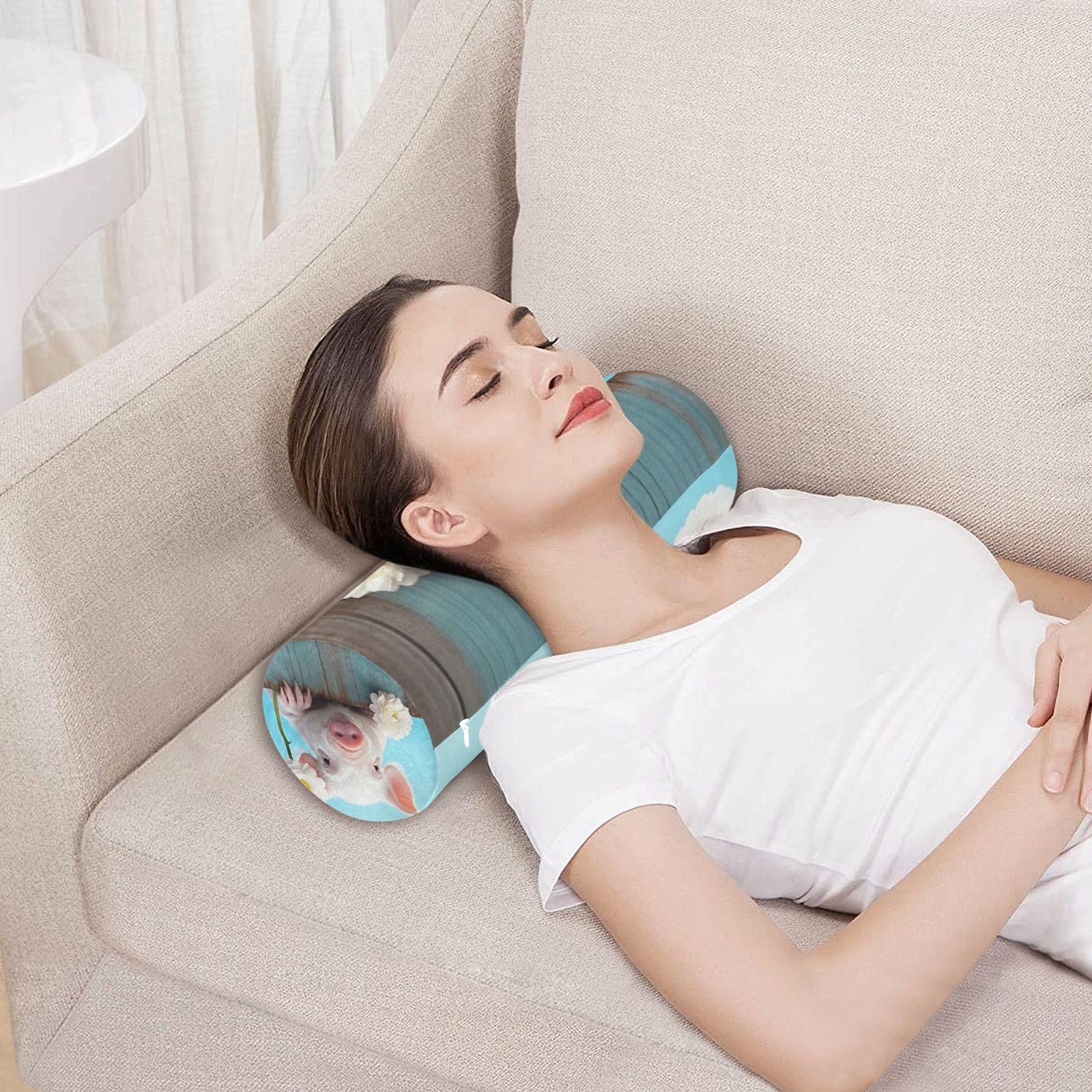 Cute Baby Pig Neck Roll Pillow for Neck Relief with Removable Washable Cover - Memory Foam Round Cylinder Bolster, Ergonomically Designed for Head, Neck, Back, and Legs