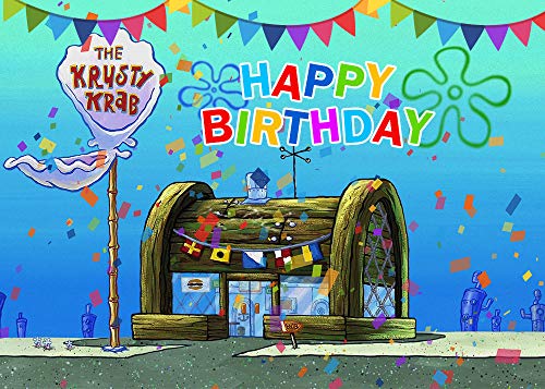 Cartoon Animation Spongebob Theme Photography Backdrop Children Happy 1st Birthday Party Decorations Banner The Krusty Krab Photo Background Vinyl 5x3ft Baby Shower Booth Studio Props