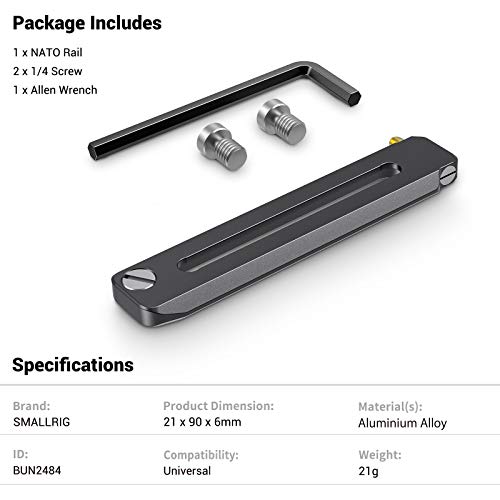 SMALLRIG Universal Low-Profile Quick Release NATO Rail Safety Rail 90mm/3.5inches Long with 1/4'' Screws for NATO Handle Camera Cage EVF Mount β BUN2484
