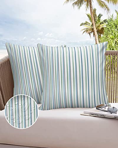 Waterproof Outdoor Pillow Covers, Teal Blue Grey Striped Decorative Pillow Cases, Hand Drawn White Modern Art Aesthetics Square Garden Throw Cushion Cases for Patio/Sofa/Couch 18"x18" 2 Pack