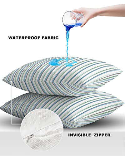 Waterproof Outdoor Pillow Covers, Teal Blue Grey Striped Decorative Pillow Cases, Hand Drawn White Modern Art Aesthetics Square Garden Throw Cushion Cases for Patio/Sofa/Couch 18"x18" 2 Pack