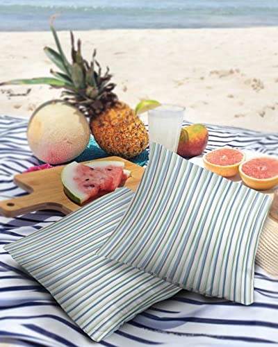 Waterproof Outdoor Pillow Covers, Teal Blue Grey Striped Decorative Pillow Cases, Hand Drawn White Modern Art Aesthetics Square Garden Throw Cushion Cases for Patio/Sofa/Couch 18"x18" 2 Pack