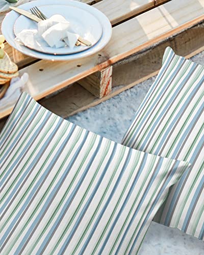 Waterproof Outdoor Pillow Covers, Teal Blue Grey Striped Decorative Pillow Cases, Hand Drawn White Modern Art Aesthetics Square Garden Throw Cushion Cases for Patio/Sofa/Couch 18"x18" 2 Pack