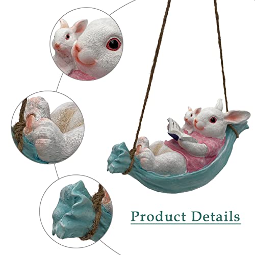 Usupgift Pink Swing Rabbit Garden Statues Cute Rabbit Figures Tree Hanging Sculpture (8.9"X4.3"X 3.9") for Outdoor Décor Garden Patio Yard Lawn