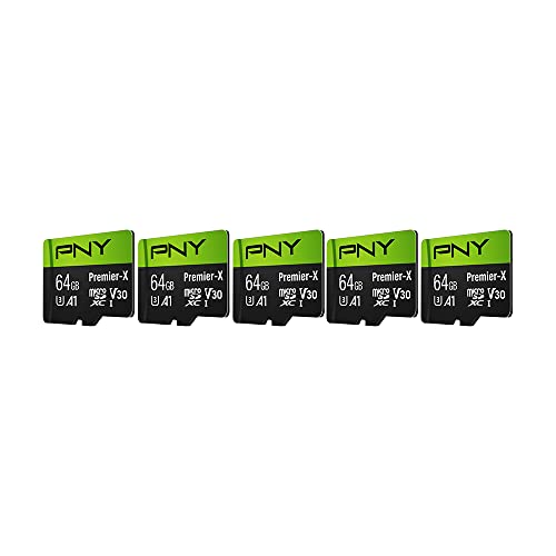 PNY 64GB Premier-X Class 10 U3 V30 microSDXC Flash Memory Card 5-Pack - 100MB/s, Class 10, U3, V30, A1, 4K UHD, Full HD, UHS-I, micro SD