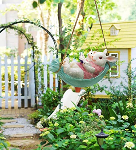 Usupgift Pink Swing Rabbit Garden Statues Cute Rabbit Figures Tree Hanging Sculpture (8.9"X4.3"X 3.9") for Outdoor Décor Garden Patio Yard Lawn