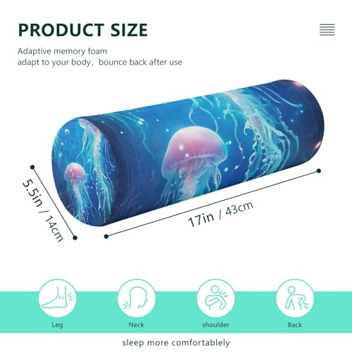 xigua Blue Jellyfish Neck Roll Pillow for Neck Relief with Removable Washable Cover - Memory Foam Round Cylinder Bolster, Ergonomically Designed for Head, Neck, Back, and Legs