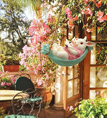 Usupgift Pink Swing Rabbit Garden Statues Cute Rabbit Figures Tree Hanging Sculpture (8.9"X4.3"X 3.9") for Outdoor Décor Garden Patio Yard Lawn