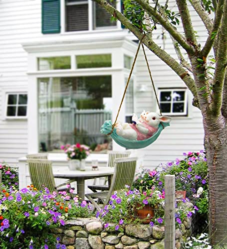Usupgift Pink Swing Rabbit Garden Statues Cute Rabbit Figures Tree Hanging Sculpture (8.9"X4.3"X 3.9") for Outdoor Décor Garden Patio Yard Lawn