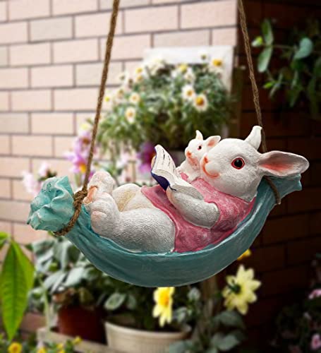 Usupgift Pink Swing Rabbit Garden Statues Cute Rabbit Figures Tree Hanging Sculpture (8.9"X4.3"X 3.9") for Outdoor Décor Garden Patio Yard Lawn