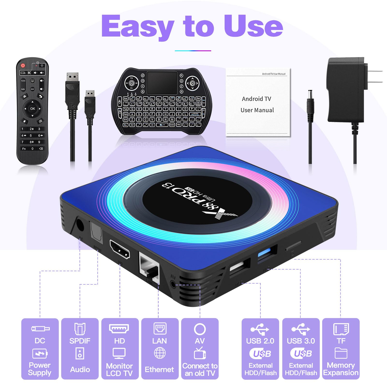 Android TV Box 2024, Android Box 13.0 X88PRO 13 TV Box Android 13.0 4GB RAM 32GB ROM with Mini Wireless Keyboard, Android TV Box WiFi 6 8K RK3528 Quad-Core 2.4G/5G WiFi Bluetooth 5.0 USB 3.0