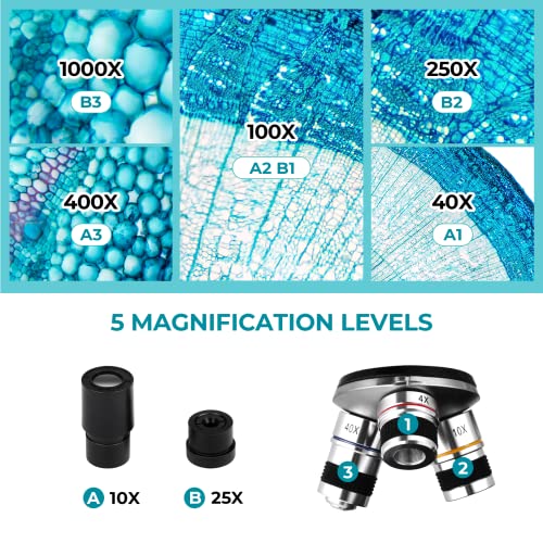 Tuword Microscopes for Kids Students Adults, 40X-1000X Optical Glass Lenses Microscope for School Home, Cordless LED Student Biological Compound Microscope with Microscope Slides, Phone Adaptor
