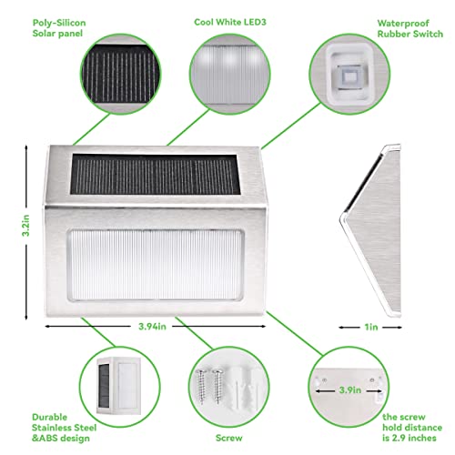 Aselpida Solar Fence Lights, 6 Pack Solar Step Lights, Deck Lights Outdoor Waterproof, Stainless Steel Stair LED Lights for Garden Yard Patio Deck (Cool White)