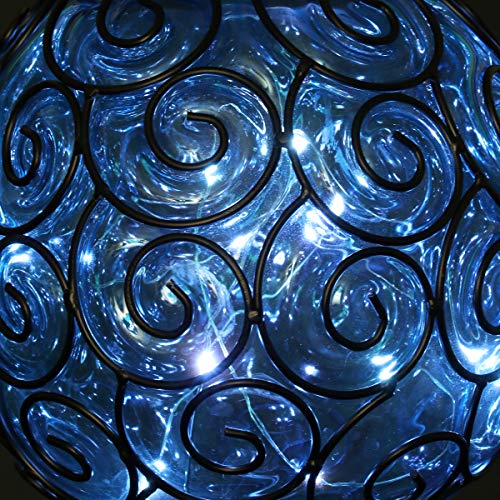 Exhart Outdoor Garden Solar Lights, Round Glass and Metal Hanging Lantern, 15 Firefly LED Lights, 7 x 20 Inch, Blue