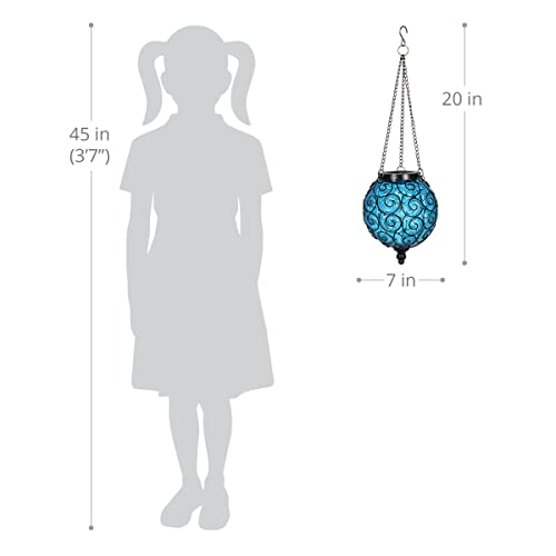 Exhart Outdoor Garden Solar Lights, Round Glass and Metal Hanging Lantern, 15 Firefly LED Lights, 7 x 20 Inch, Blue