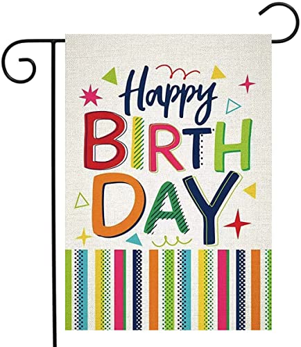 BUYITO Happy Birthday Garden Flag 12x18 Inch Double Sided Burlap Birthday Small Yard Flags , House Party Yard Signs Outdoor Lawn Decorations Birthday Party Celebration Banner