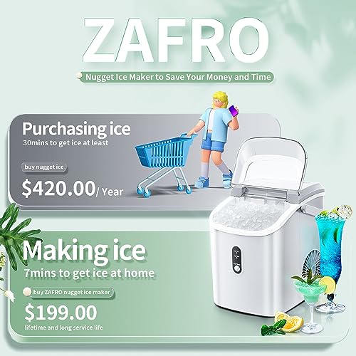 ZAFRO Nugget Ice Maker Countertop, Pebble Ice Maker Machine with Self-Cleaning, 35Lbs/24H, Pellet Ice Maker with Ice Basket/Ice Scoop/Ice Bag for Home/Office/Bar/Party, White