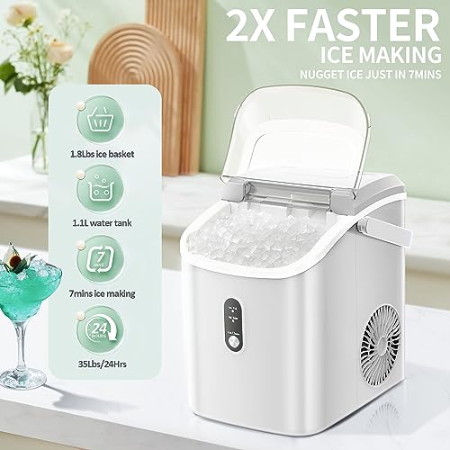ZAFRO Nugget Ice Maker Countertop, Pebble Ice Maker Machine with Self-Cleaning, 35Lbs/24H, Pellet Ice Maker with Ice Basket/Ice Scoop/Ice Bag for Home/Office/Bar/Party, White
