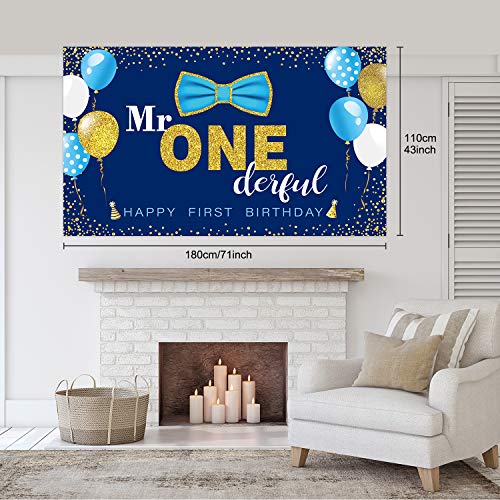 Mr. Onederful Birthday Party Decorations for Boys Happy 1st Birthday Banner Backdrop Large First Birthday Cake Table Decor Mr One Party Favor Supplies (Blue and Gold)