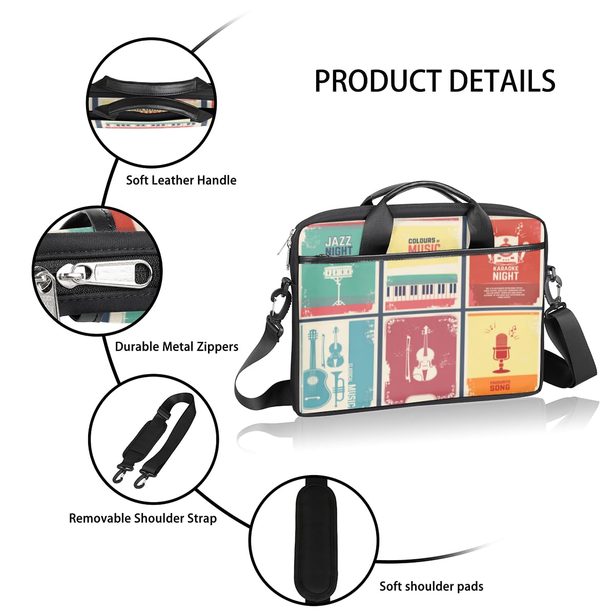 Music Type Laptop Computer Bag Waterproof Shoulder Messenger Bag 13-15 inch Durable Laptop Tote Bag with Shoulder Strap Handle Lightweight Crossbody Briefcase