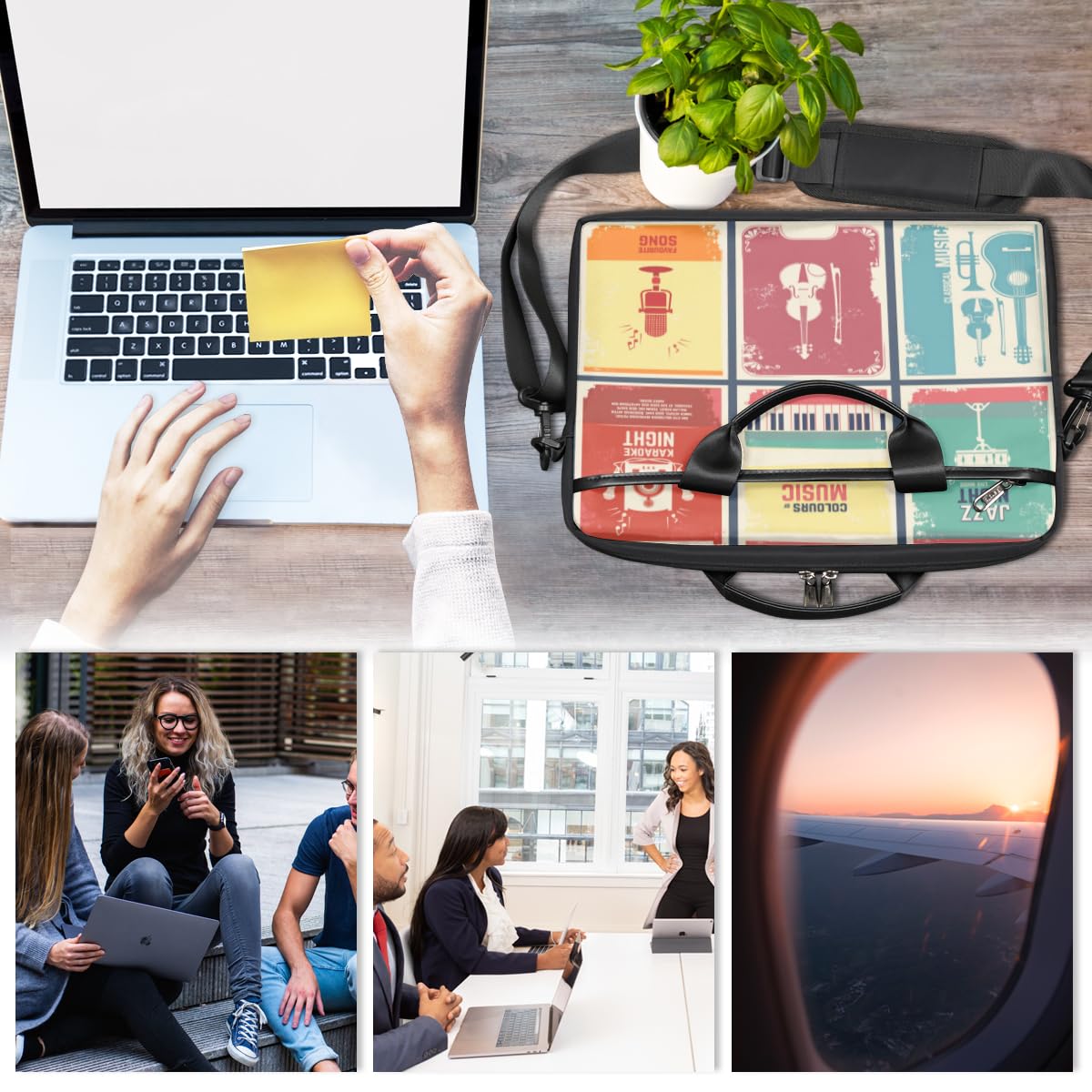Music Type Laptop Computer Bag Waterproof Shoulder Messenger Bag 13-15 inch Durable Laptop Tote Bag with Shoulder Strap Handle Lightweight Crossbody Briefcase