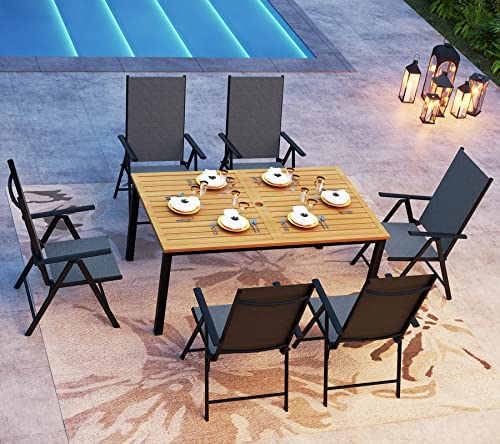 PHI VILLA 7 Piece Patio Dining Set, Outdoor Dining Furniture Patio Table Set with Patio Folding Chairs (Black) & Rectangle Wooden-Like Outdoor Dining Table for Lawn, Garden and Yard