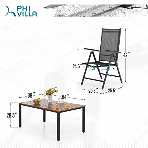 PHI VILLA 7 Piece Patio Dining Set, Outdoor Dining Furniture Patio Table Set with Patio Folding Chairs (Black) & Rectangle Wooden-Like Outdoor Dining Table for Lawn, Garden and Yard