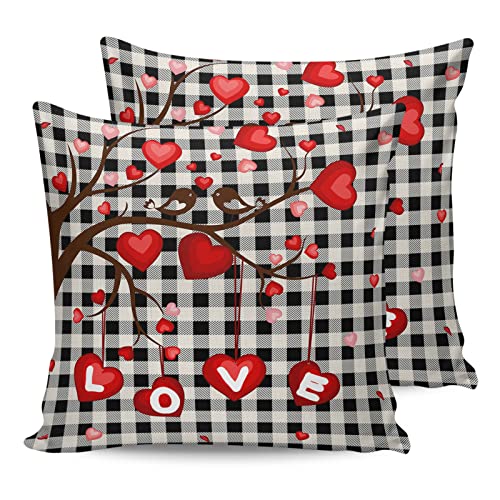 OComster Outdoor Pillow Covers Waterproof, Valentine's Day Throw Pillowcase Decorative Cover, Red Love Tree Bird Black White Plaid Garden Cushion Case Set of 2 for Sofa, Couch, Tent, Patio 16"x16"