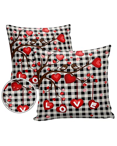 OComster Outdoor Pillow Covers Waterproof, Valentine's Day Throw Pillowcase Decorative Cover, Red Love Tree Bird Black White Plaid Garden Cushion Case Set of 2 for Sofa, Couch, Tent, Patio 16"x16"