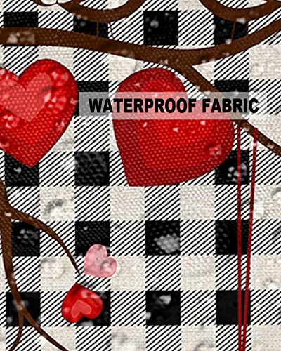OComster Outdoor Pillow Covers Waterproof, Valentine's Day Throw Pillowcase Decorative Cover, Red Love Tree Bird Black White Plaid Garden Cushion Case Set of 2 for Sofa, Couch, Tent, Patio 16"x16"