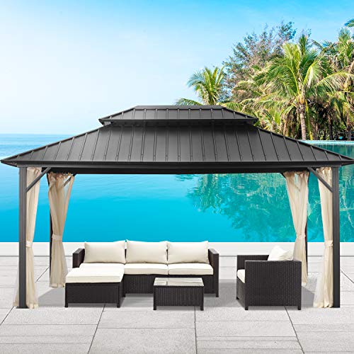 Outdoor Patio Hardtop Gazebo with Netting,Galvanized Steel Double Roof Canopy Gazebo,Aluminum Frame for Patio,Garden,Backyard,Lawn and Deck,Black(10x12ft)