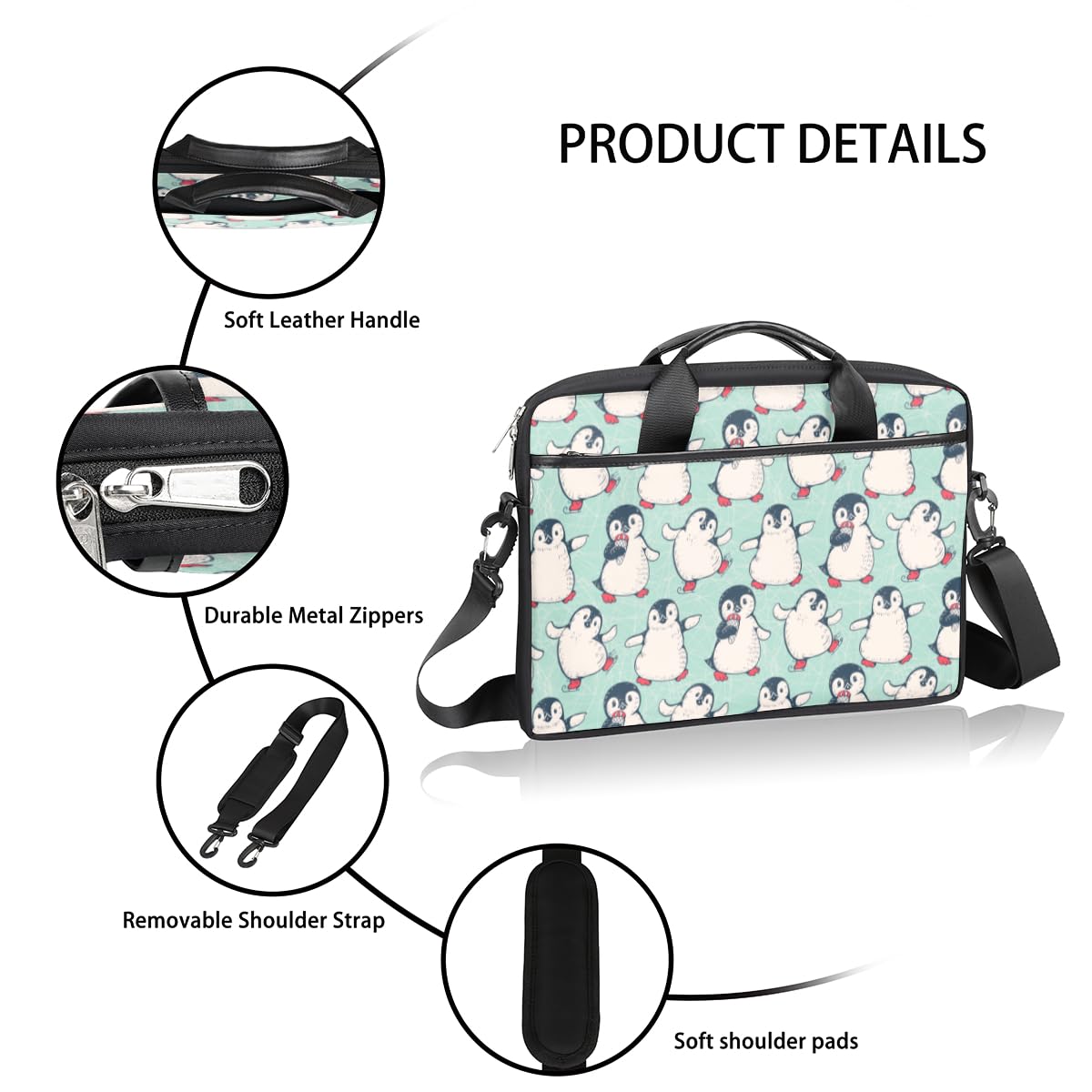 Cute Cartoon Penguins Laptop Computer Bag Waterproof Shoulder Messenger Bag 13-15 inch Durable Laptop Tote Bag with Shoulder Strap Handle Lightweight Crossbody Briefcase